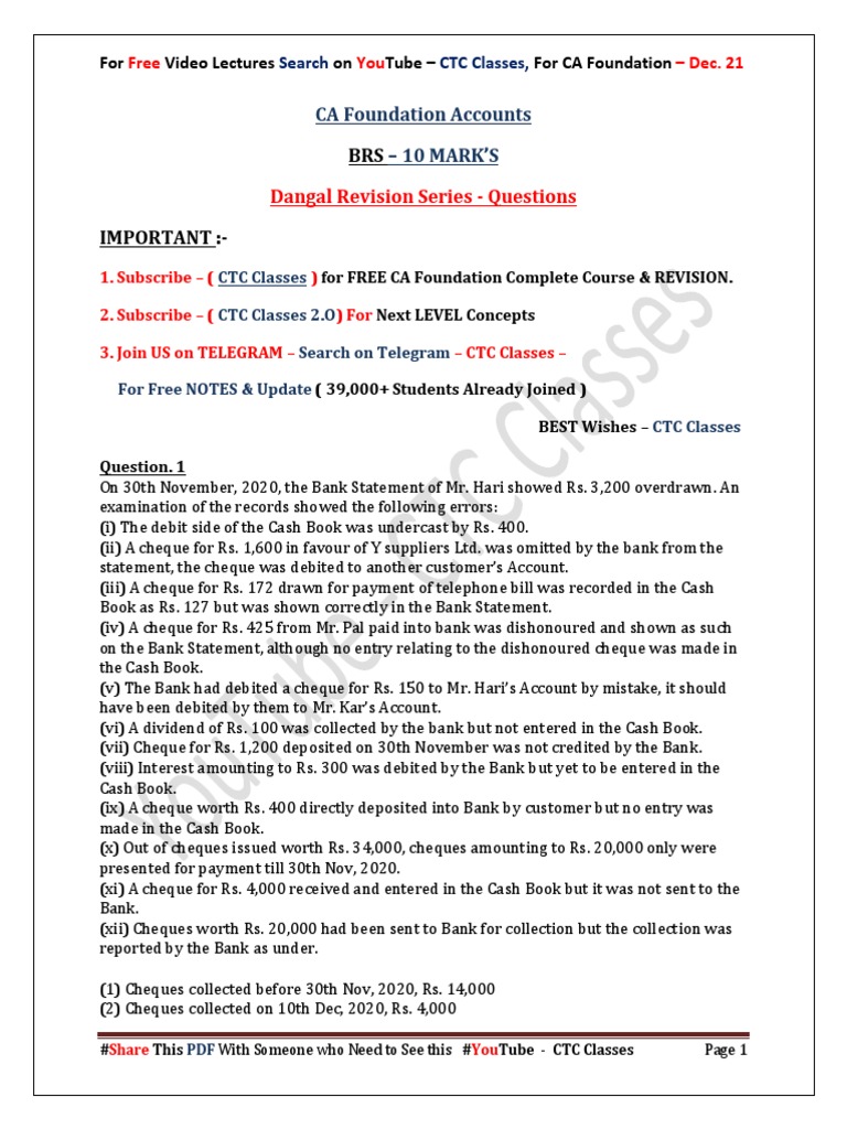 CA Foundation BRS Practice Questions - DRS - CTC Classes | PDF | Cheque | Banks