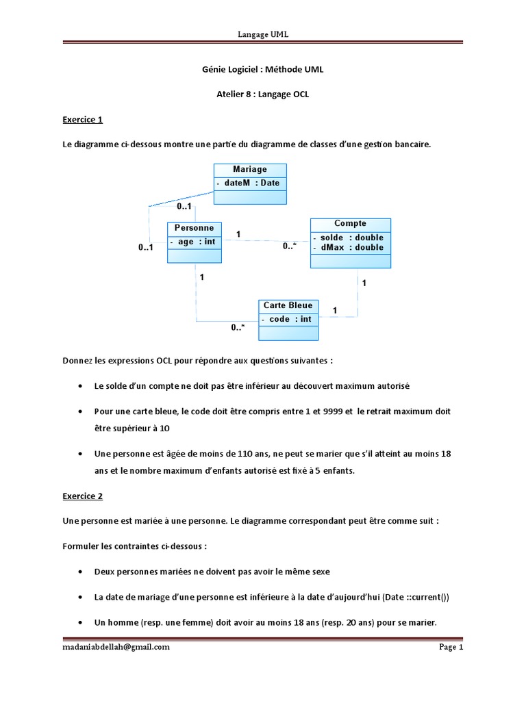 Génie Logiciel: Méthode UML Atelier 8: Langage OCL Exercice 1 | PDF ...
