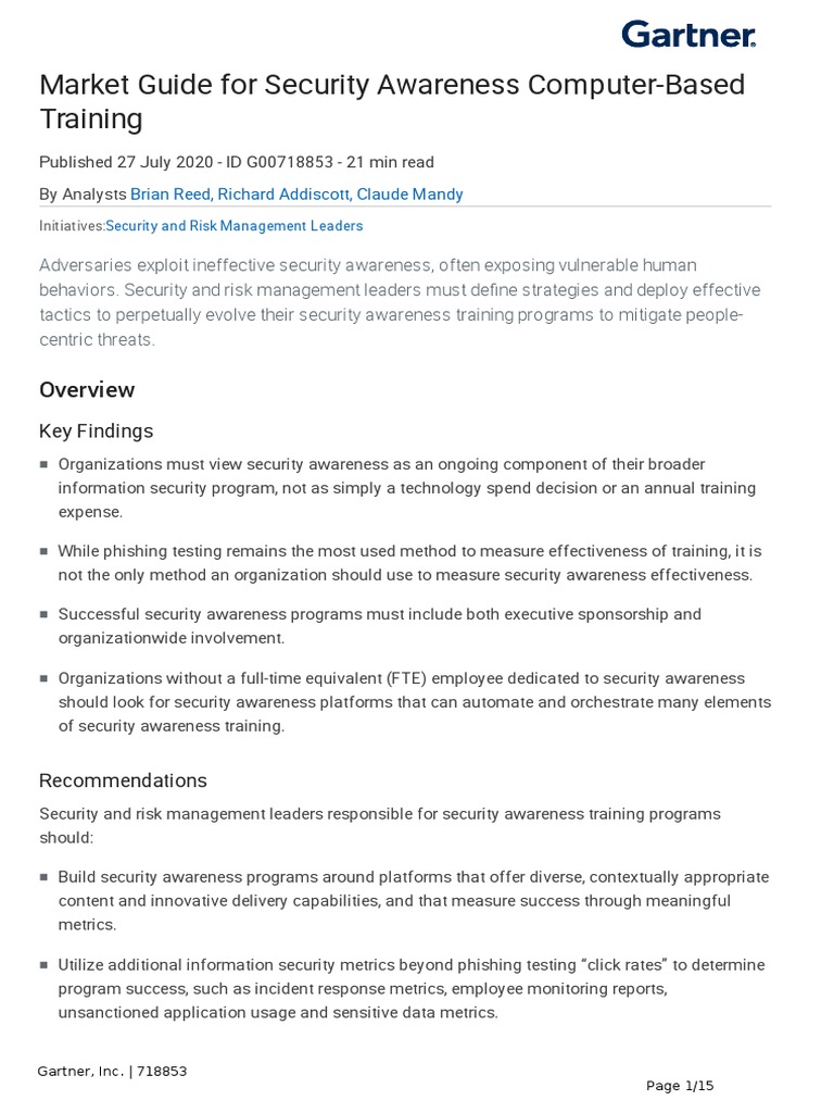 2020 - Gartner Market Guide For Security Awareness Computer Based ...