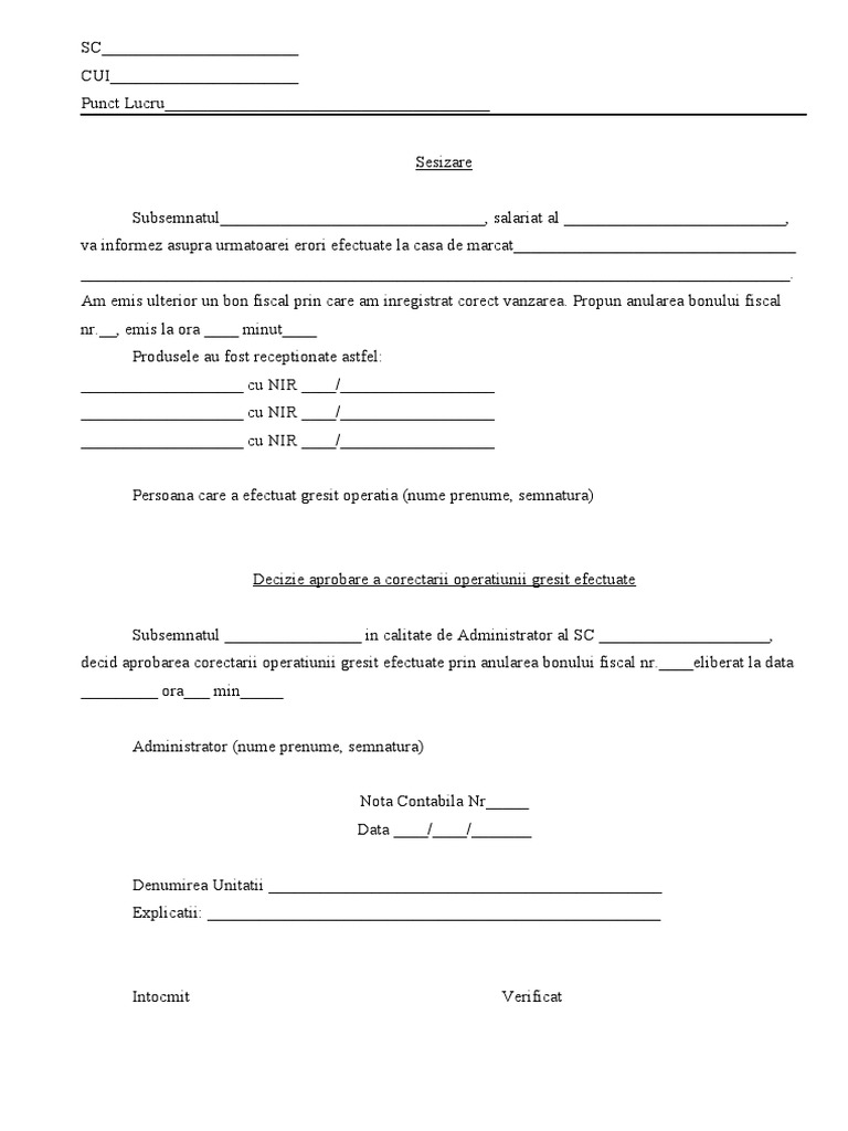 Model Proces Verbal Anulare Bon Fiscal | PDF