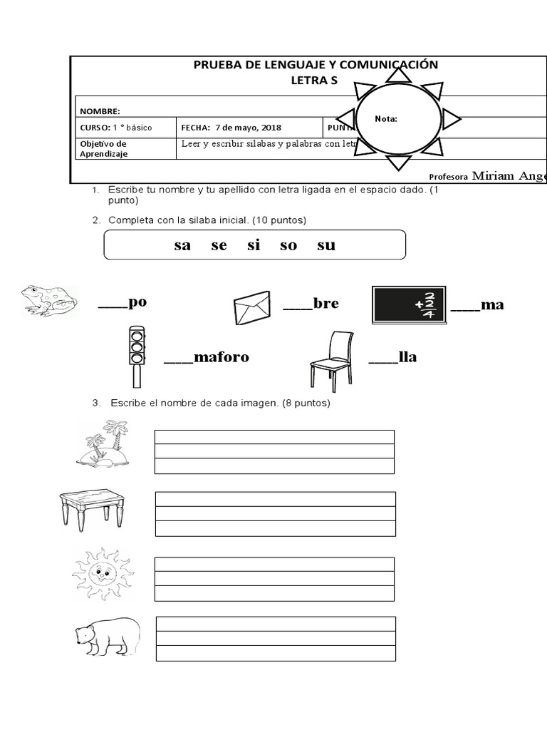 Prueba de Lenguaje Letra S | PDF