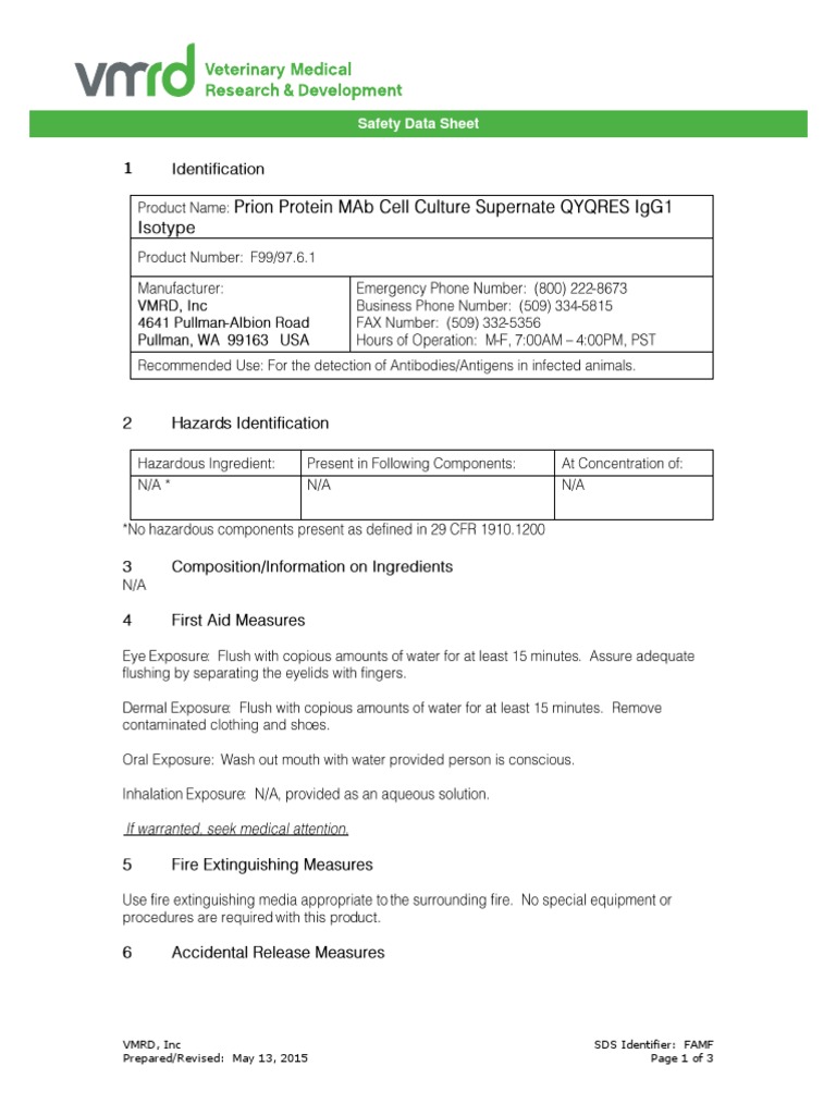 Safety Data Sheet: VMRD, Inc SDS Identifier: FAMF Prepared/Revised: May ...