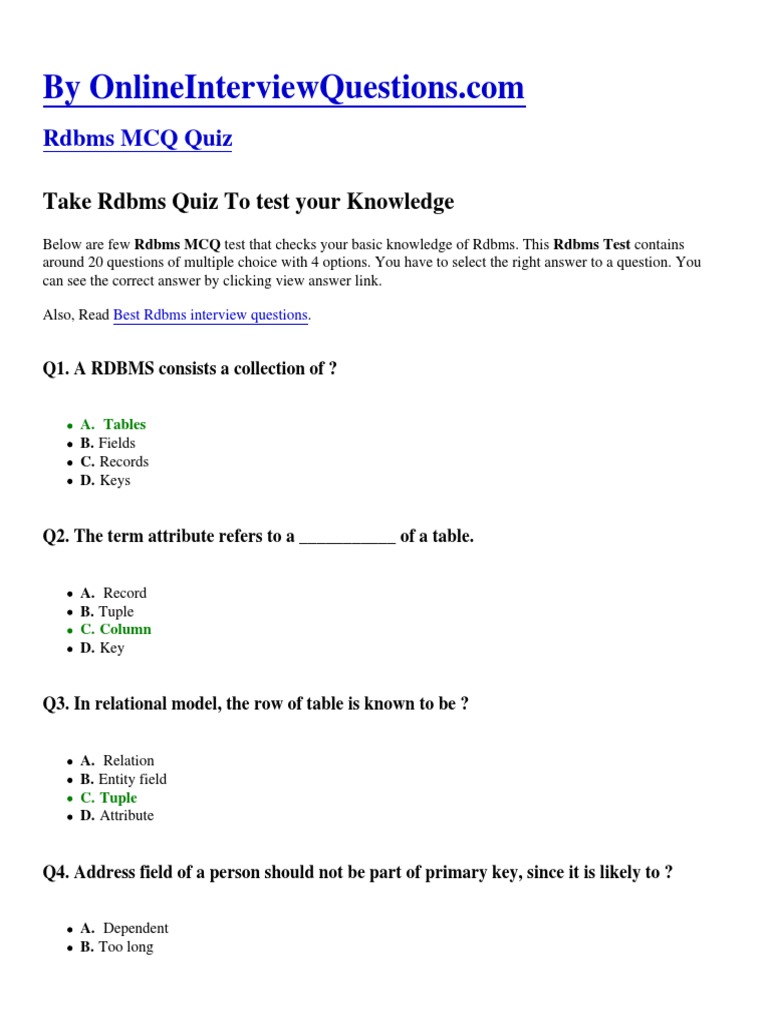 Rdbms MCQ Quiz | Download Free PDF | Relational Database | Relational Model