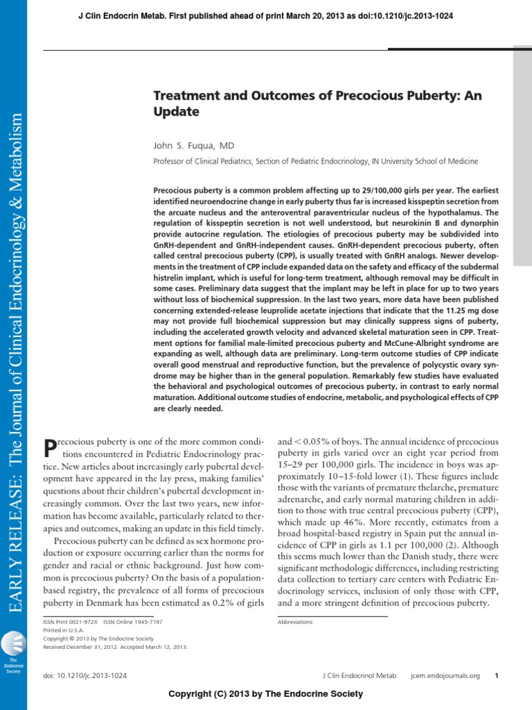 Treatment And Outcomes Of Precocious Puberty An Update Pdf Puberty