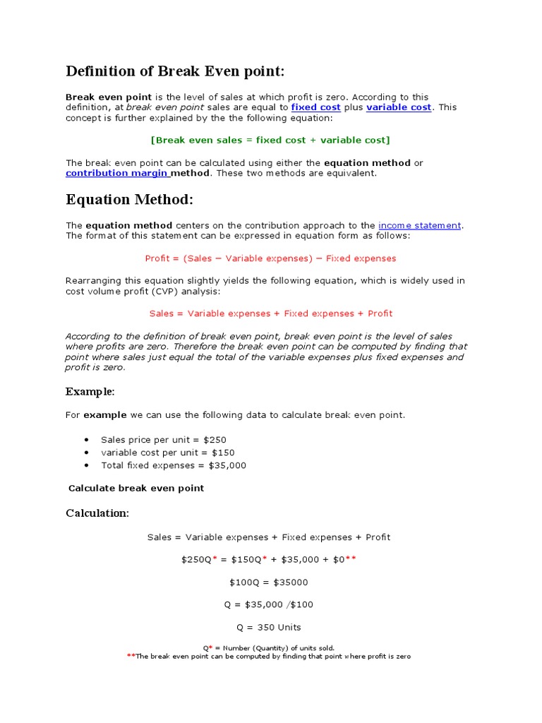 Definition of Break Even Point | PDF | Management Accounting | Business ...
