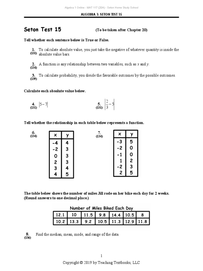 Seton Test 15: Algebra 1 | PDF | Mean | Function (Mathematics)