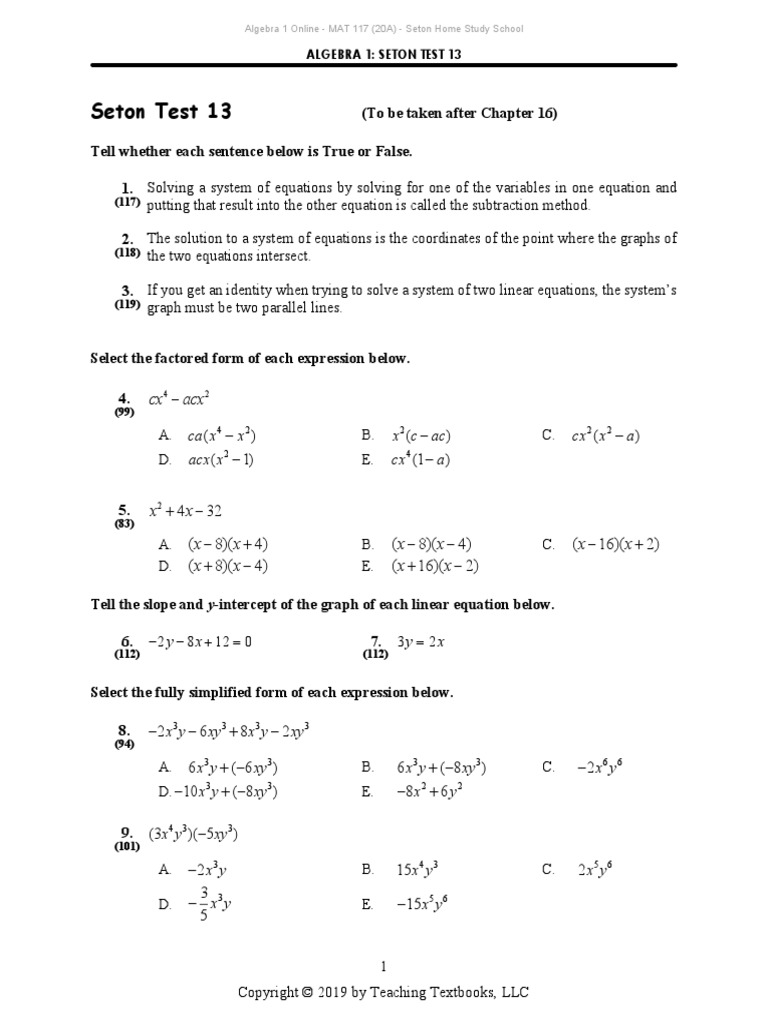 Seton Test 13 Mathematics | PDF | Equations | Mathematical Concepts
