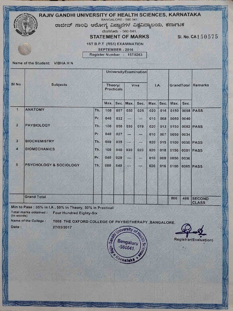 BPT 4 Year Marks Sheet | PDF