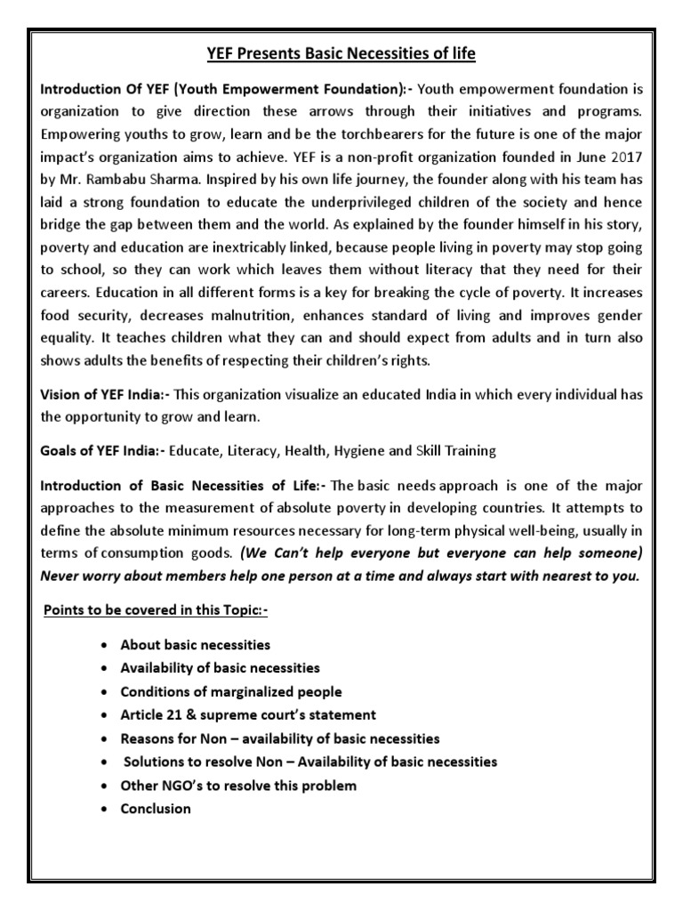 YEF Basic Necessities of Life | Download Free PDF | Basic Needs | Poverty