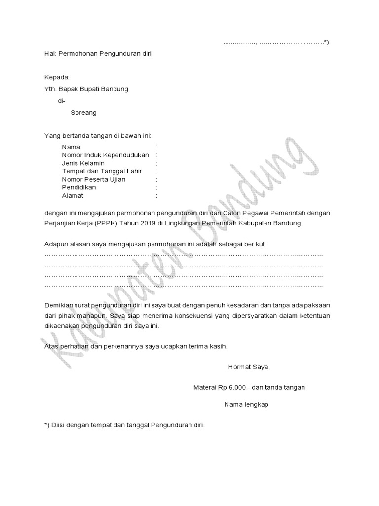 Format Surat Pengunduran Diri PPPK Kab BDG | PDF
