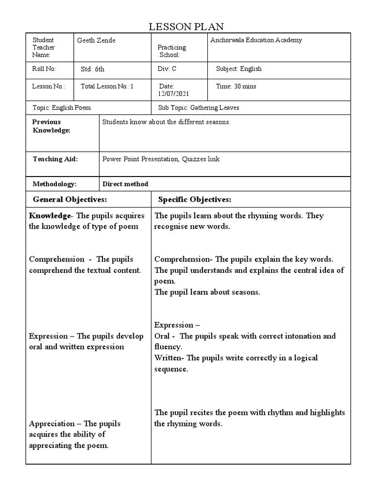 LESSON PLAN-1 - Gathering Leaves - Grade 6 | PDF | Reading ...
