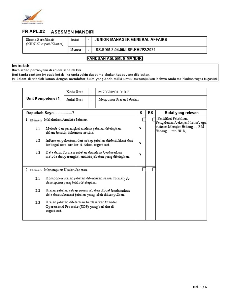 FR - Apl.02 Asesmen Mandiri | PDF