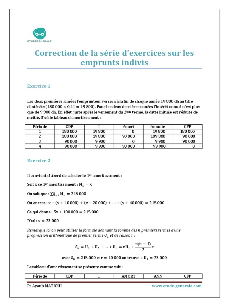 Correction d'exercices sur emprunts indivis | PDF | Prêts | Demande de monnaie