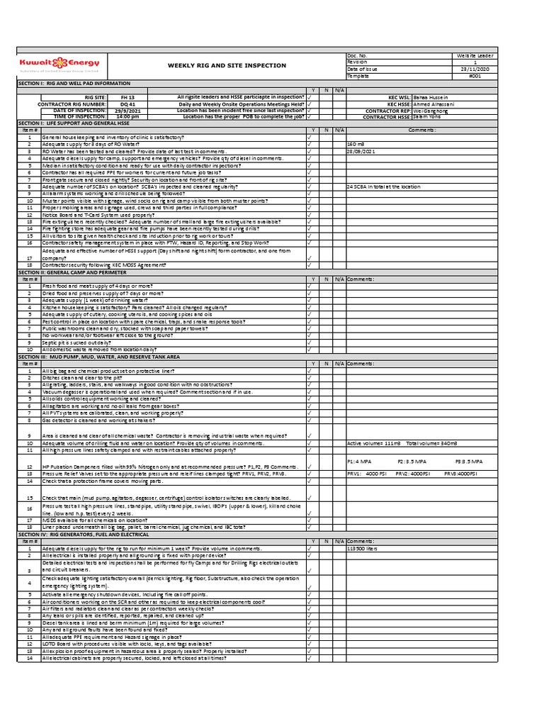 Wellsite Leader Checklist Rig # 41 | PDF | Crane (Machine) | Drilling Rig