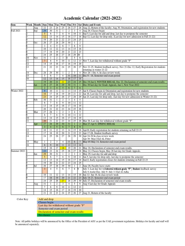 Academic Calendar (2021-2022) : Sem Week Month Sun Mon Tue Wed Thu Fri ...