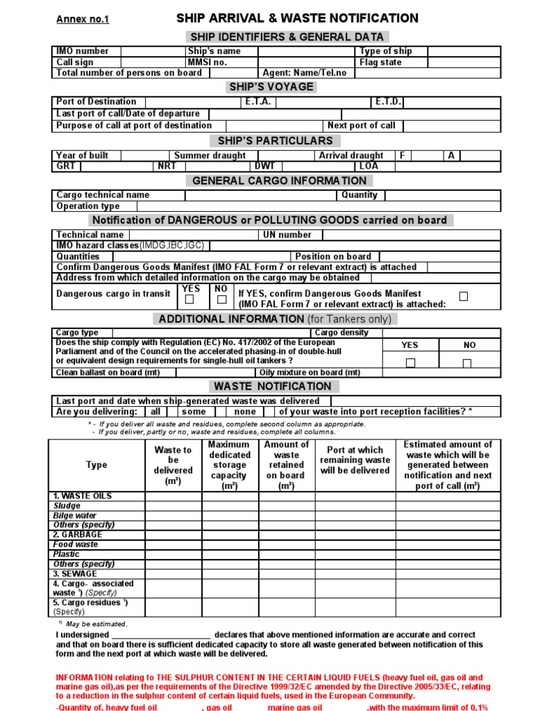 Ship Arrival & Waste Notification Form | PDF | Fuel Oil | Waste