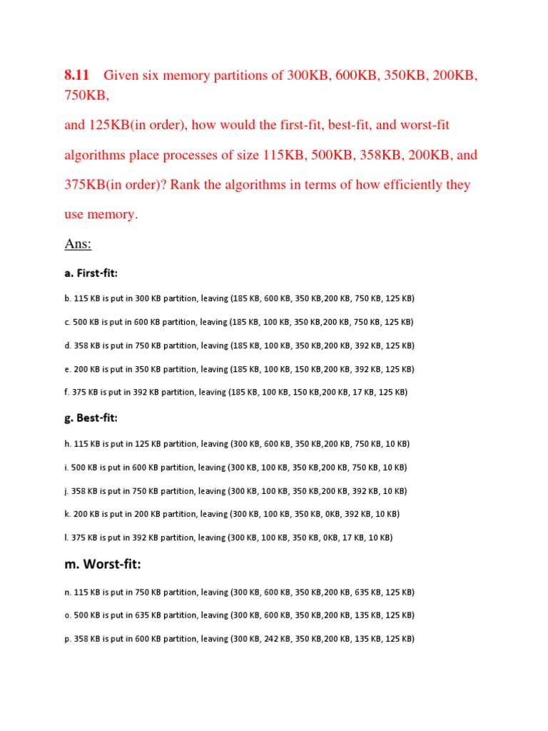 8.11 Given Six Memory Partitions of 300KB, 600KB, 350KB, 200KB | PDF | Cache (Computing ...
