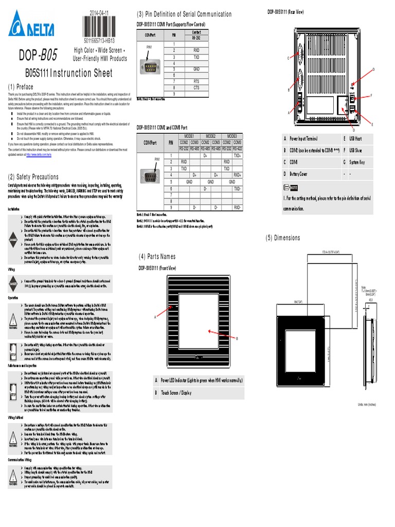 Installation and pin definition guide for Delta DOP-B05S111 HMI product ...