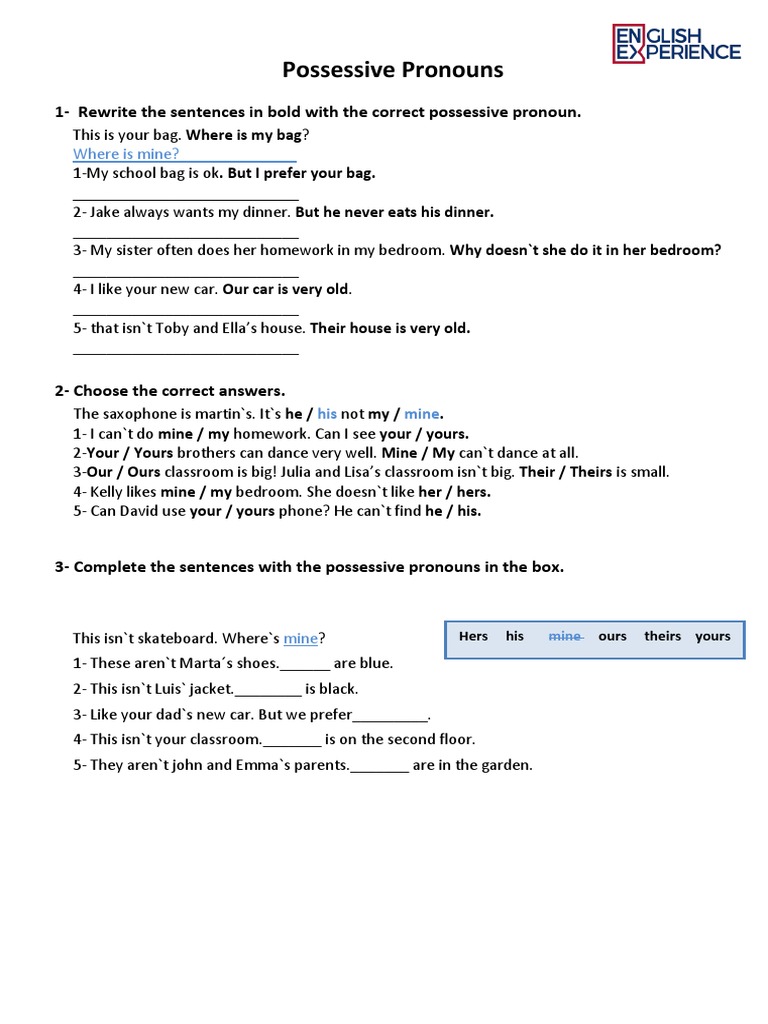 Possessive Pronouns: 1-Rewrite The Sentences in Bold With The Correct ...