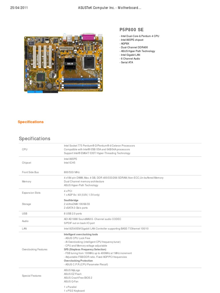 ASUSTeK Computer Inc. - Motherboards - ASUS P5P800 SE | PDF | Computer ...