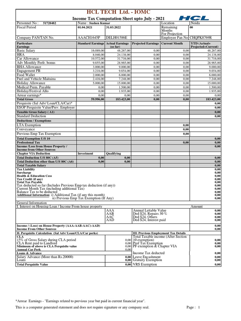 HCL Tech Ltd. - Iomc: Income Tax Computation Sheet Upto July - 2021 ...