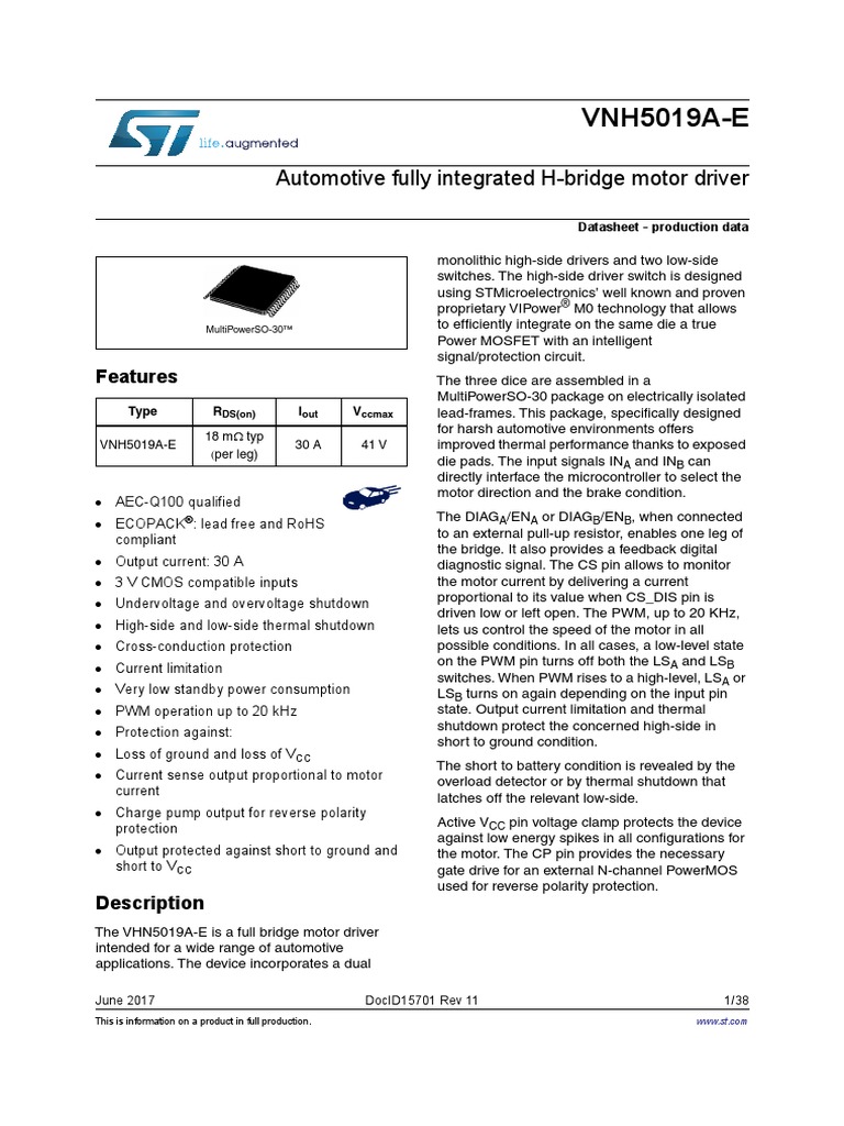 VNH5019A-E: Automotive Fully Integrated H-Bridge Motor Driver | PDF | Electrical Network ...