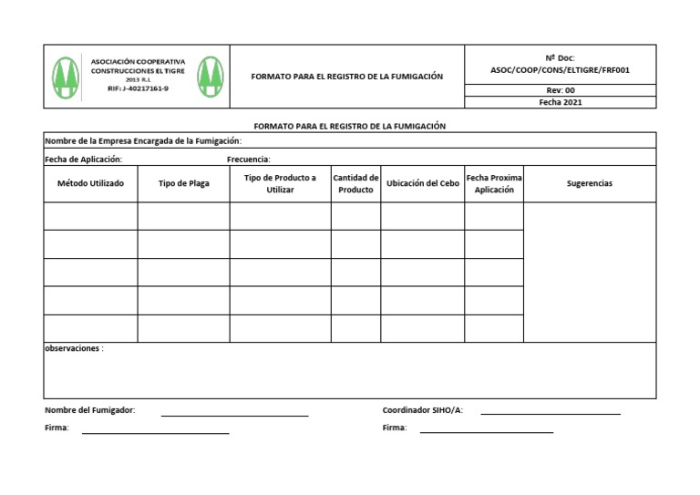 Formato para El Registro de La Fumigacion | PDF