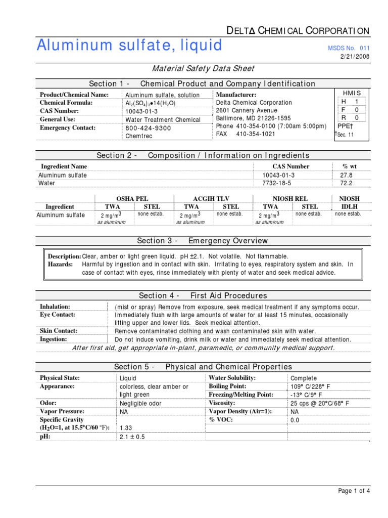 Aluminum Sulfate, Liquid: Section 1 - Chemical Product and Company ...