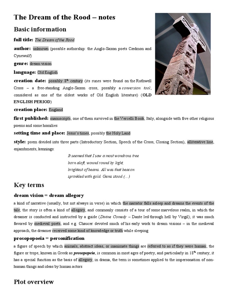 The Dream of The Rood - Notes: Basic Information | PDF