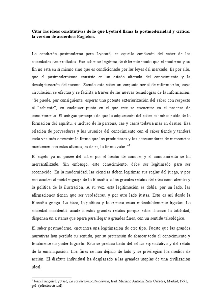 La Condición Postmoderna para Lyotard | PDF | Jean François Lyotard ...