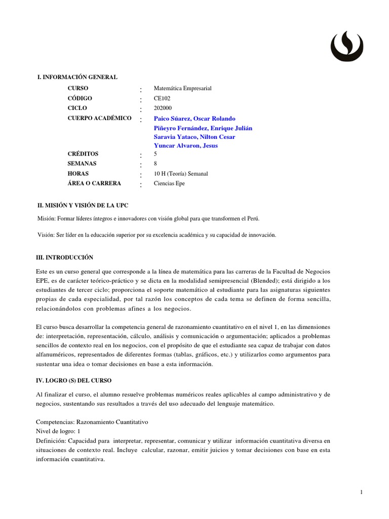 CE102 Matematica Empresarial 202000 | PDF | Cognición | Aprendizaje