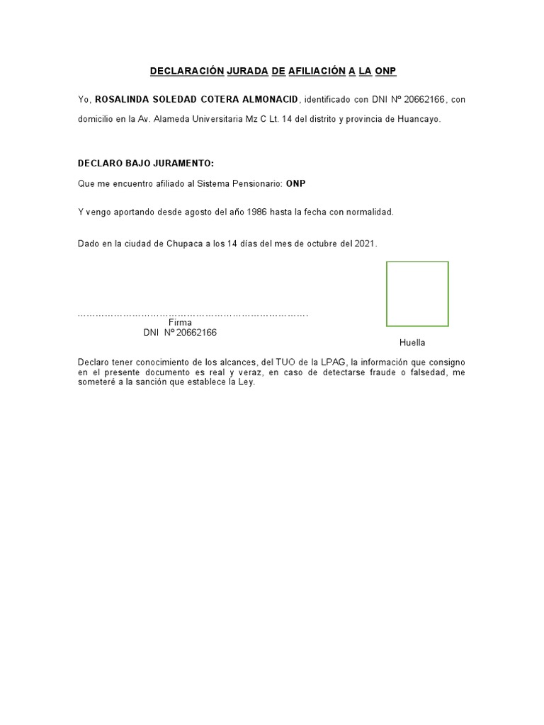 Declaracion Jurada de Onp - 2 | PDF