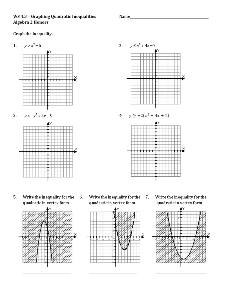 Yx Yx X: WS 4.3 - Graphing Quadratic Inequalities Algebra 2 Honors ...