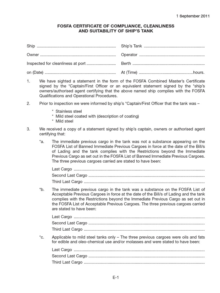 FOSFA Tank Cleanliness Compliance Certificate | PDF