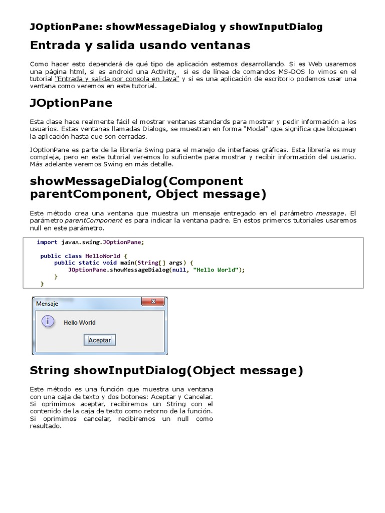 JOptionPane - ShowMessageDialog y ShowInputDialog | PDF | Ventana (informática) | Java (lenguaje ...