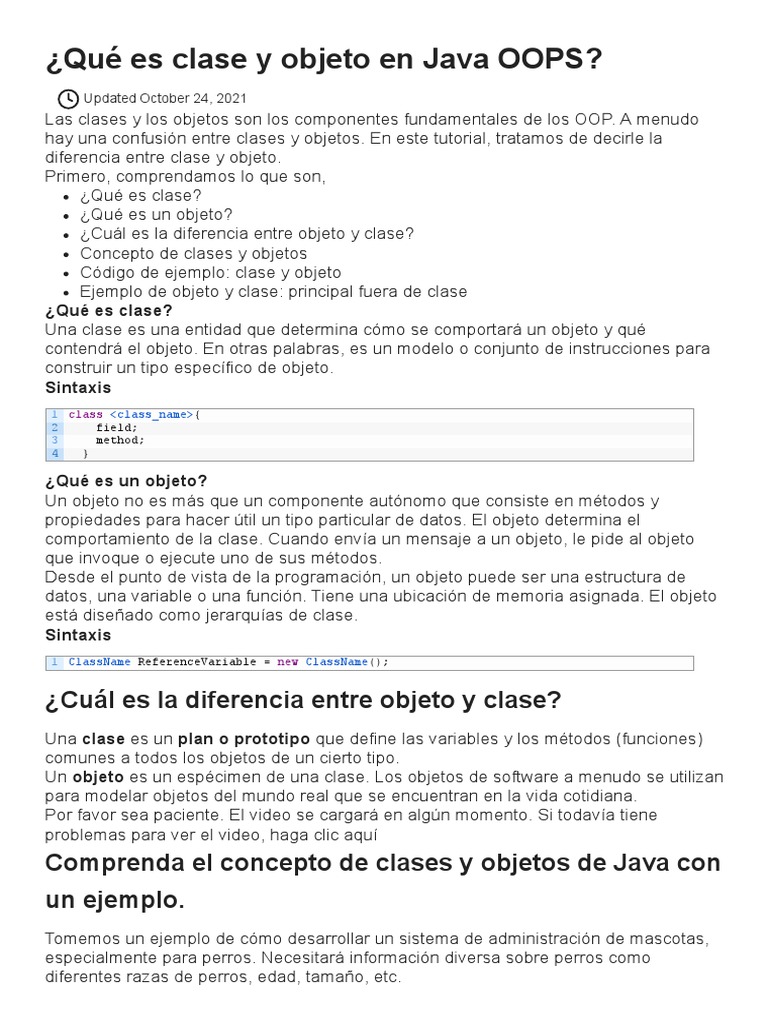 Qué Es Clase y Objeto en Java OOPS - Java | PDF | Objeto (informática) | Clase (Programación ...