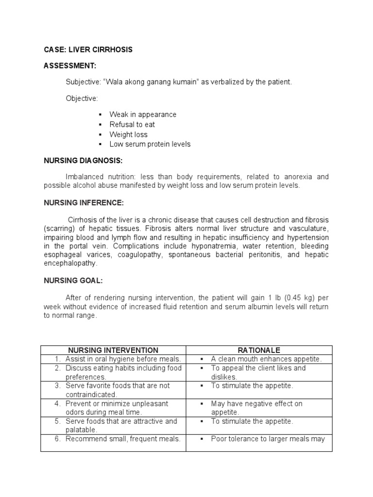 Case: Liver Cirrhosis Assessment:: Nursing Inference | PDF | Cirrhosis ...