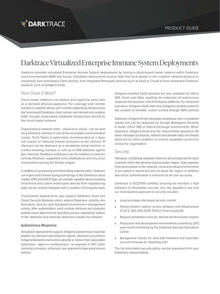 Darktrace Virtualized Enterprise Immune System Deployments | PDF | Cloud Computing | Computer ...