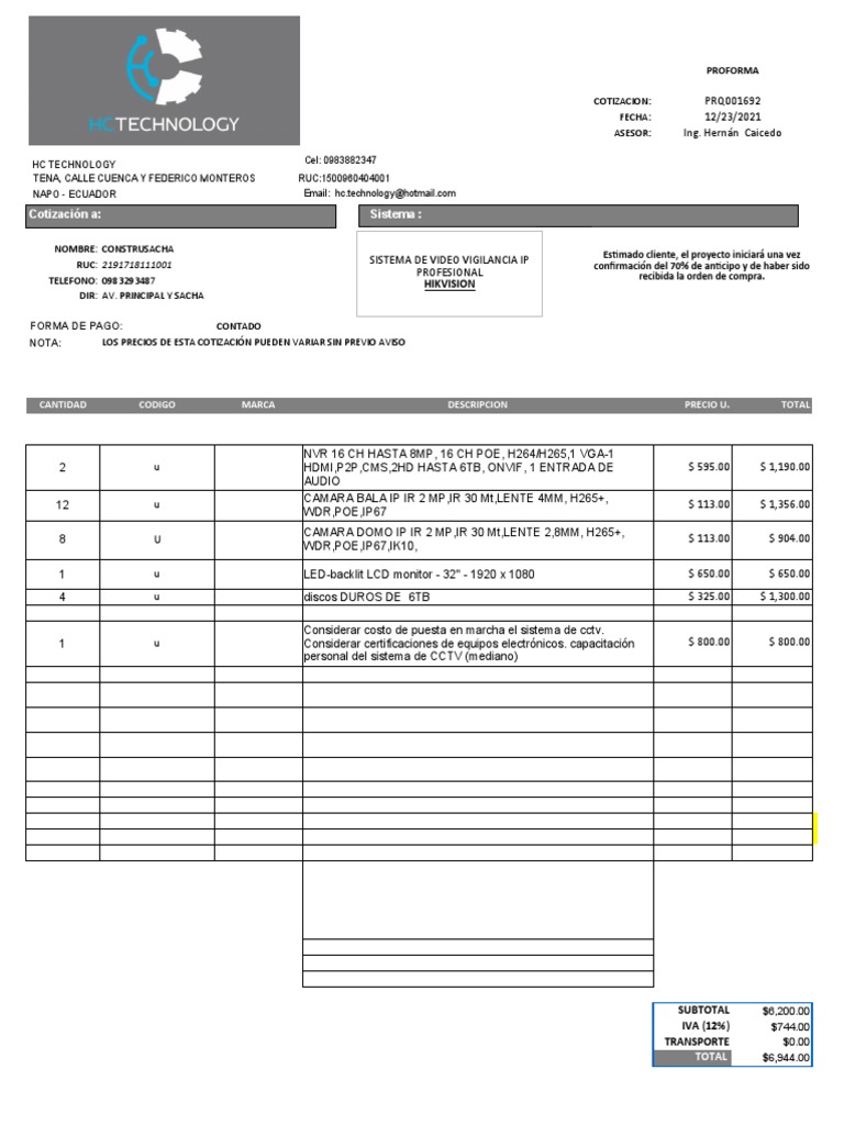 Proforma Pro1682 Sistema de CCTV | PDF | Tecnología de información y ...
