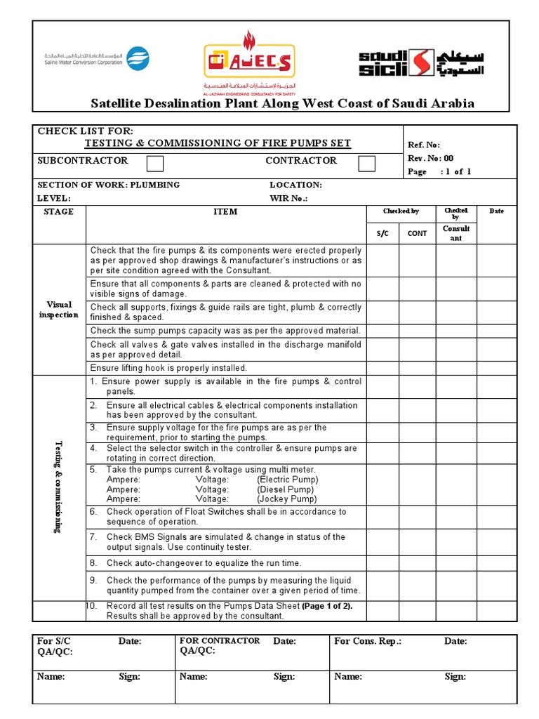 Fire Pump Testing & Commissioning Checklist | PDF | Pump | Equipment