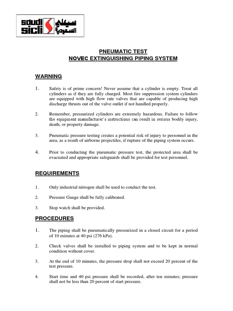 Pneumatic Testing Procedure for Novec Systems | PDF | Valve | Pneumatics