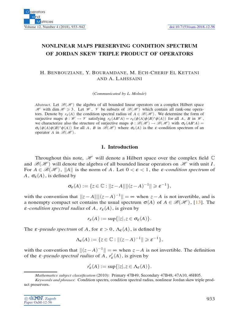 Nonlinear Maps Preserving Condition Spectrum of Jordan Skew Triple Product of Operators | PDF ...