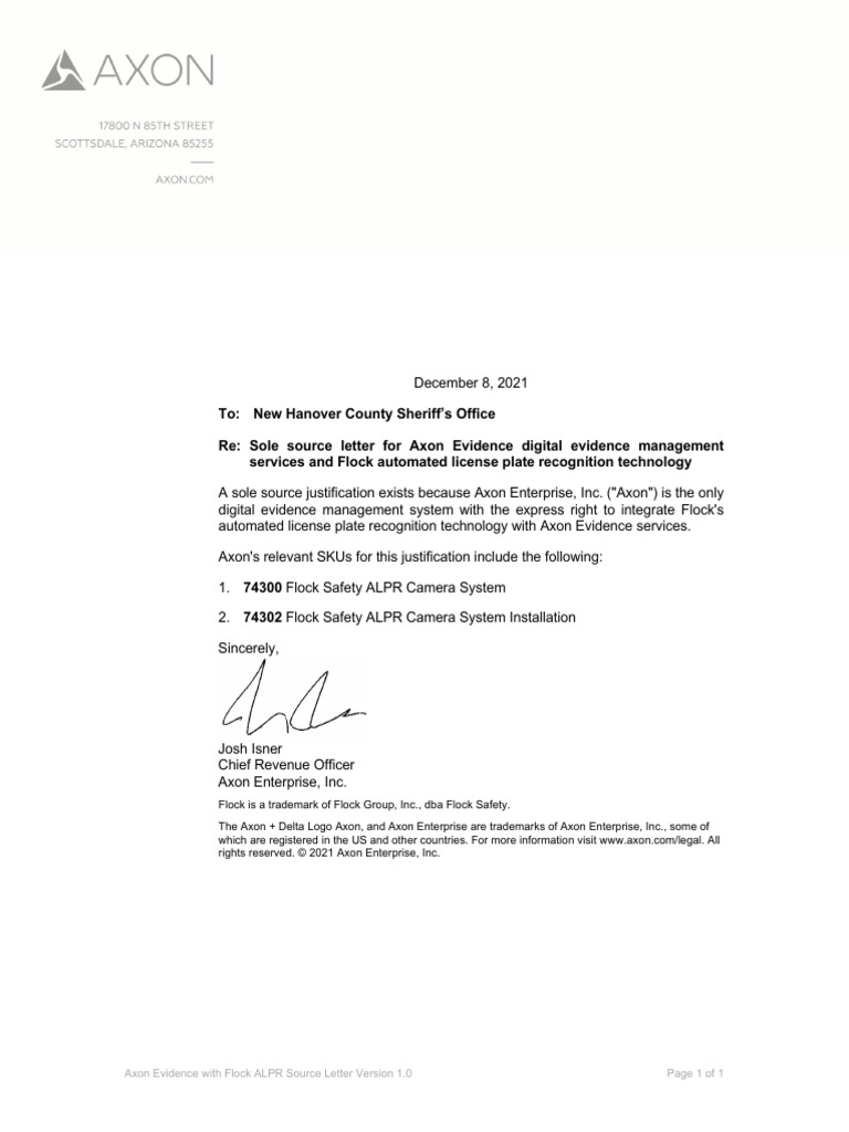 Axon-to-NHCSO Letter, Dated Dec. 8 | PDF
