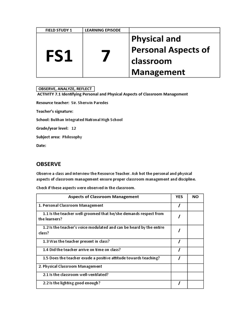 Physical and Personal Aspects of Classroom Management: Observe | PDF ...
