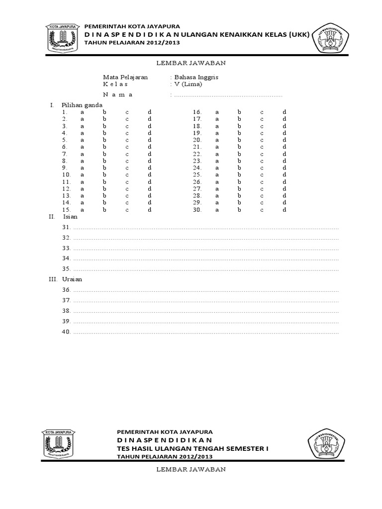 Contoh Lembar Jawaban Pilihan Ganda SD | PDF