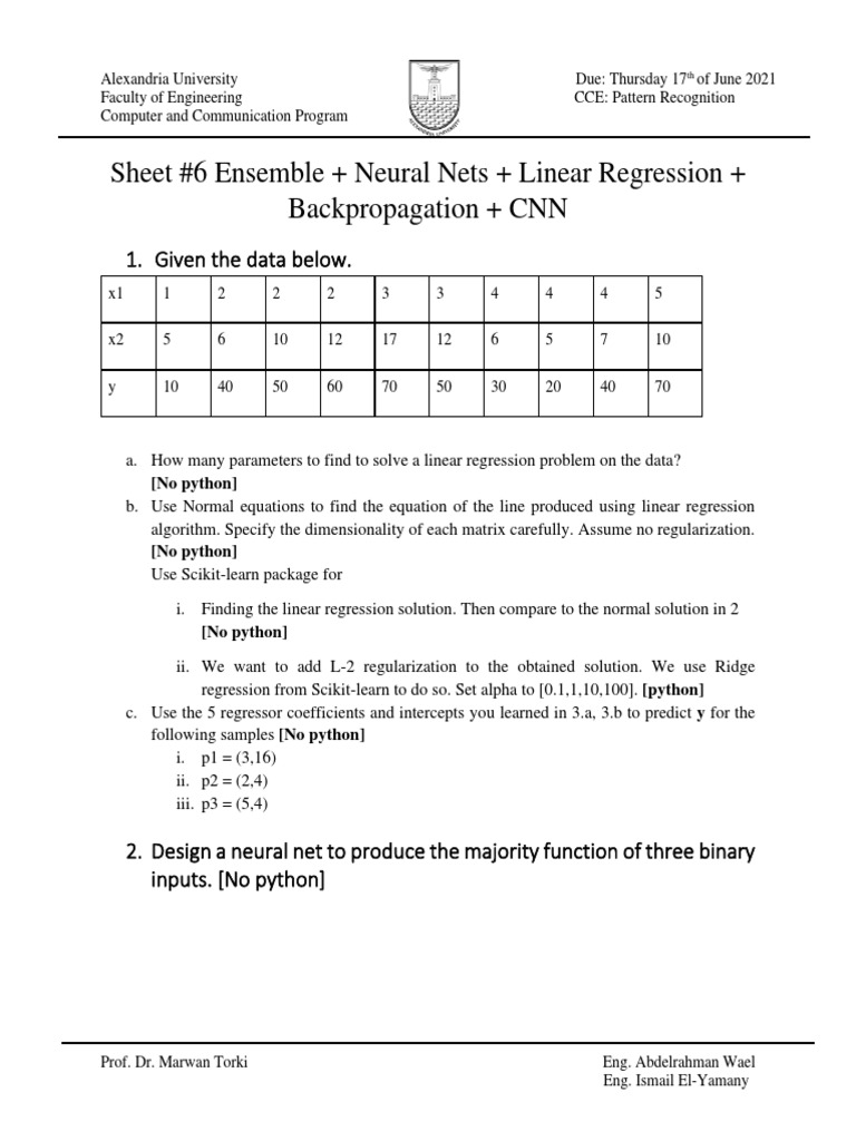 Sheet #6 Ensemble + Neural Nets + Linear Regression + Backpropagation ...