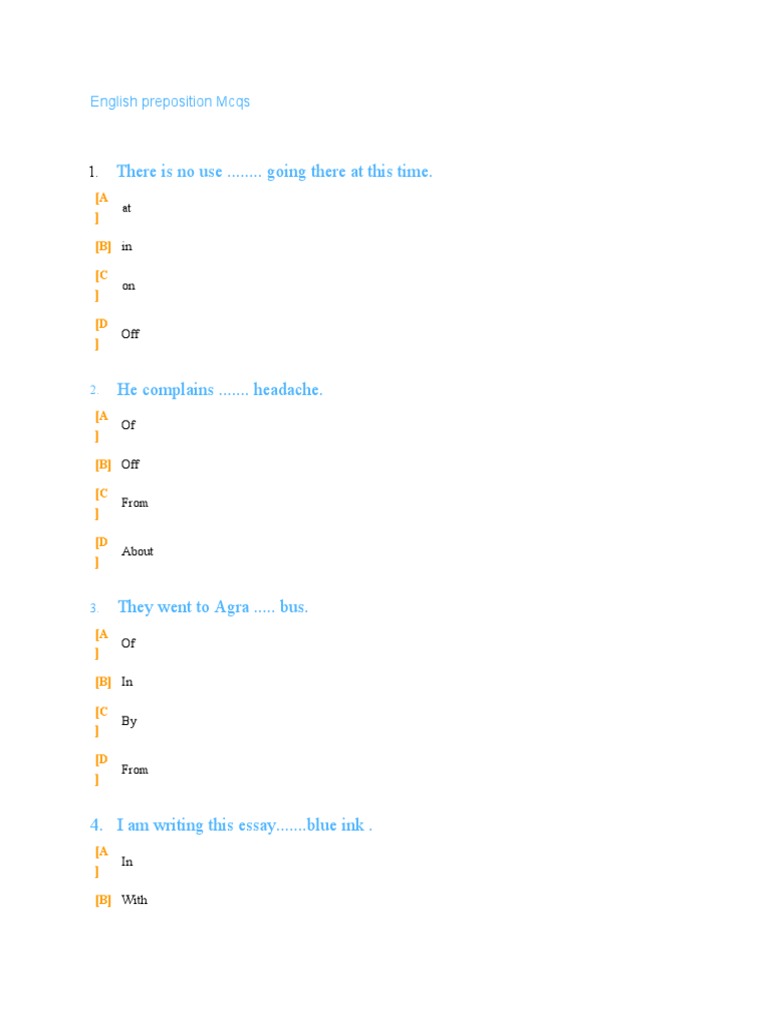 English 130 Preposition Mcqs | PDF