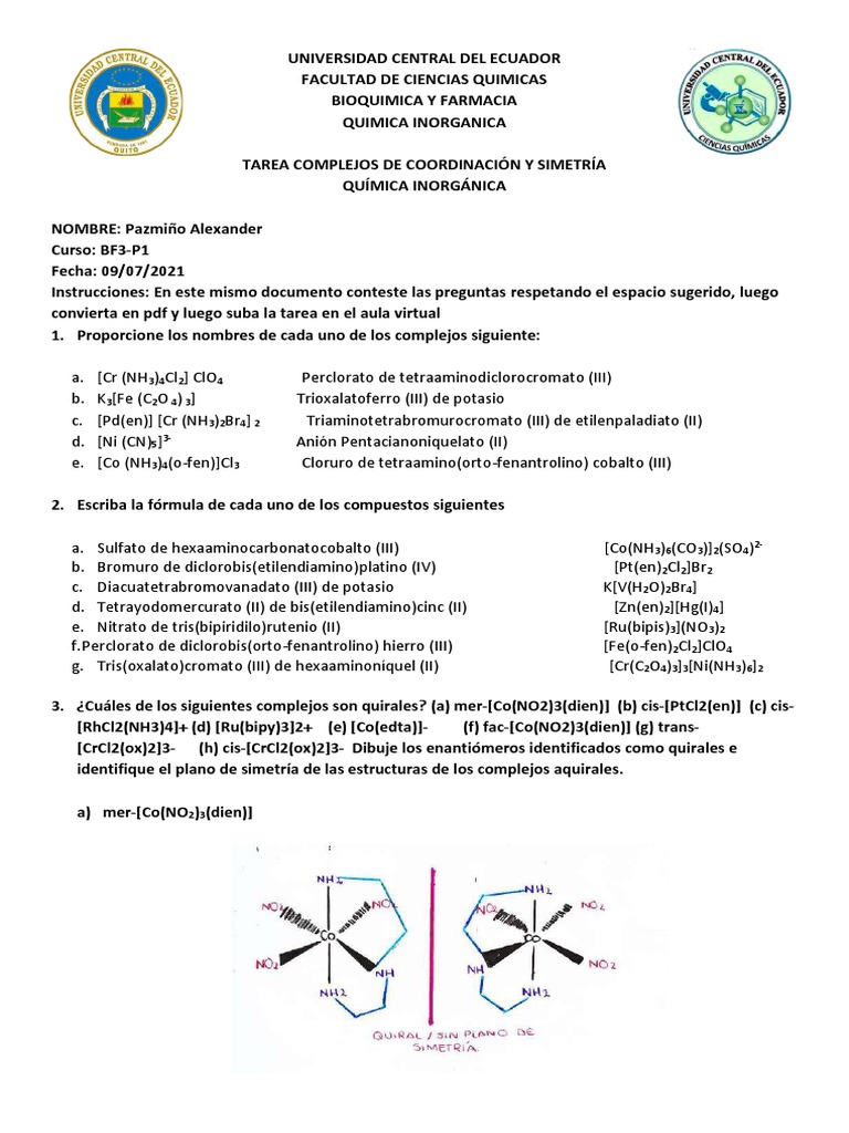 Tarea Complejos Simetria - Pazmiño Alexander - bf3 p1 | PDF | Complejo de Coordinación ...