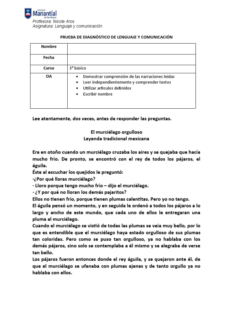 Prueba de Diagnóstico de Lenguaje Tercero Básico | PDF