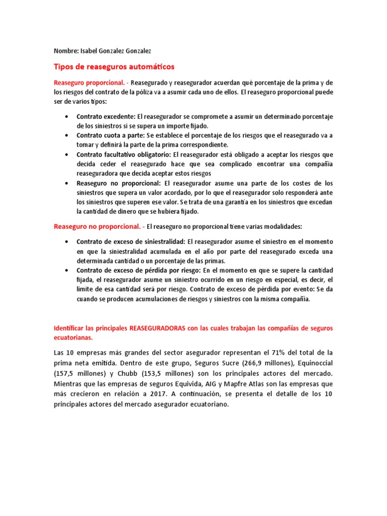 Reaseguros Ecuador | PDF | Reaseguro | Póliza de seguros